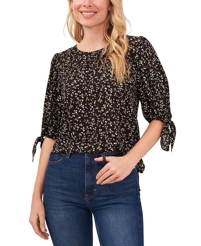 CeCe Women's Floral-Print Elbow Tie-Sleeve Crew Neck Blouse - Macy's