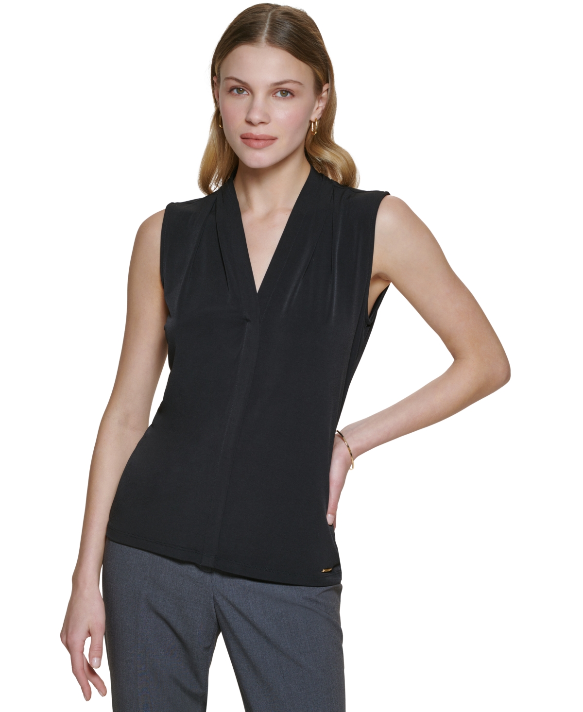 Calvin Klein Gathered V-Neck Sleeveless Top - Black