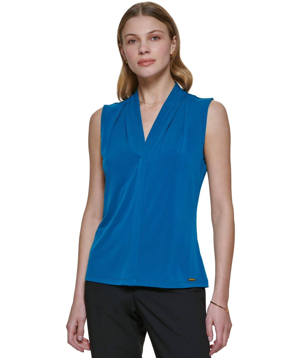 Calvin Klein Gathered V-Neck Sleeveless Top - Cypress