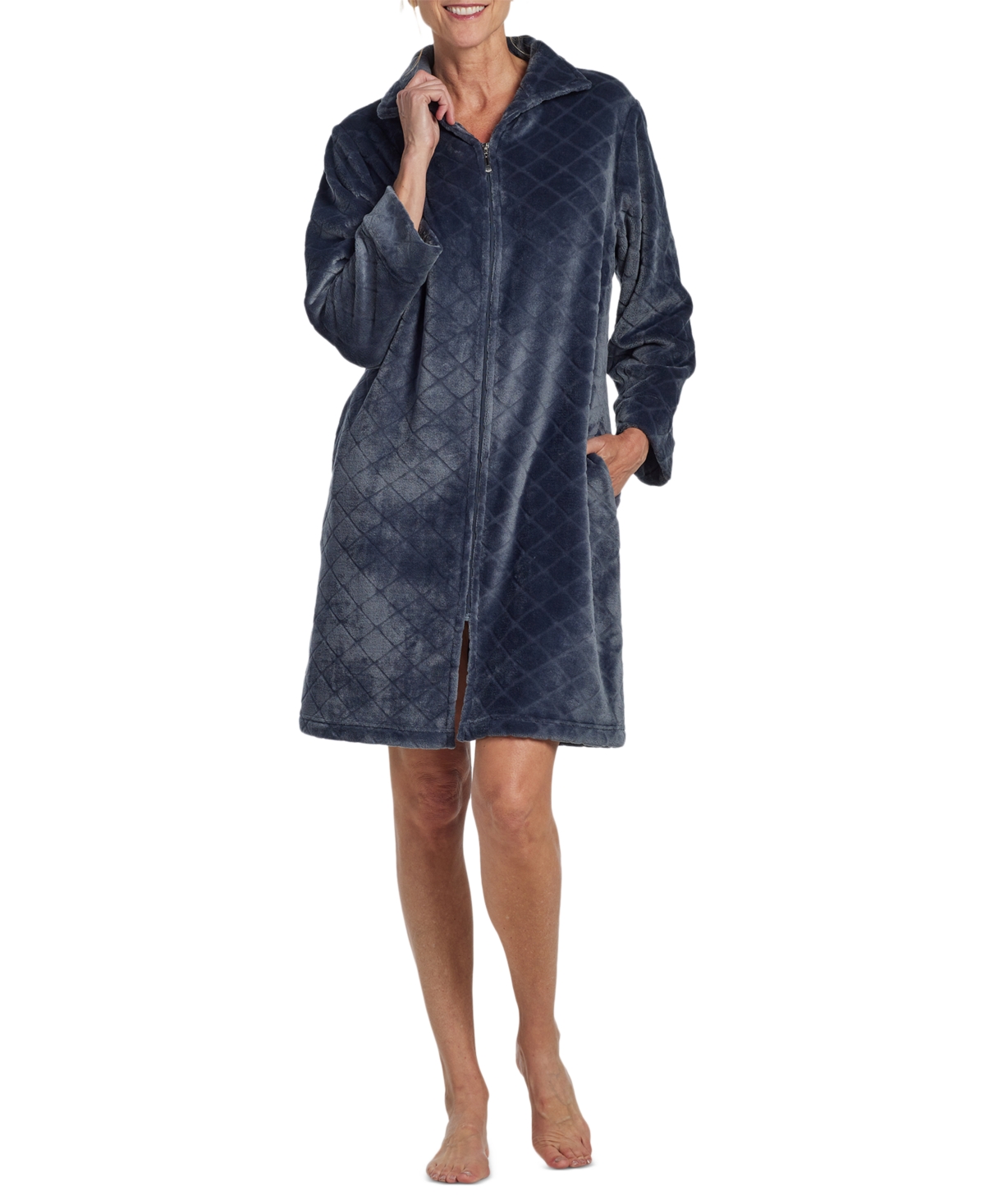 Miss Elaine Plus Size Long-sleeve Collared Knit Robe In Storm | ModeSens