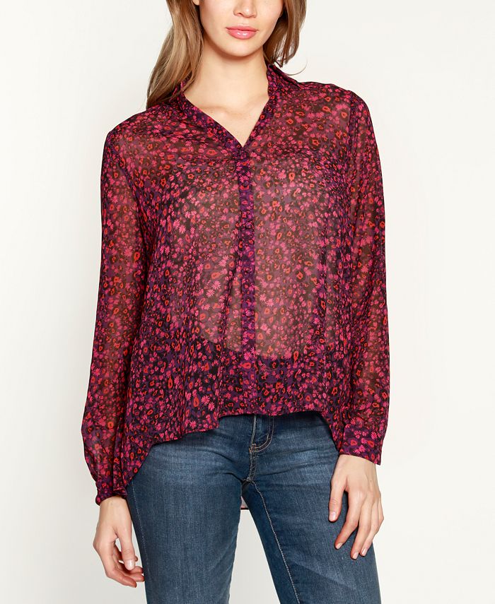 Belldini Black Label Petite Wild Ditsy Floral Long Sleeve Collared Top ...