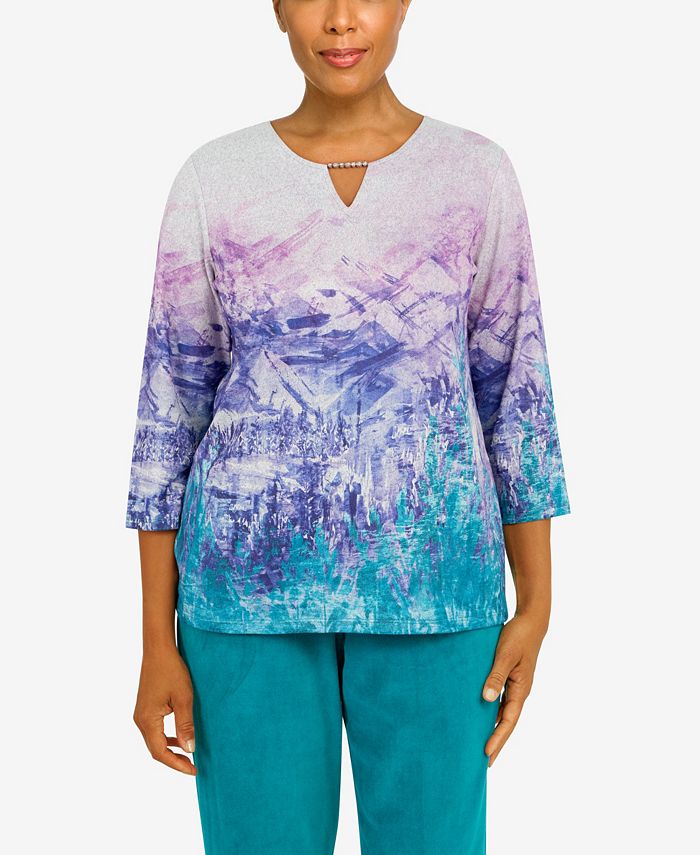 Alfred Dunner Petite The Big Easy Split Neck 3/4 Sleeve Scenic Print ...