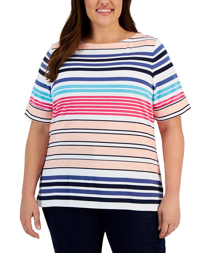 Karen Scott Plus Size Erica Striped Boat-Neck Top, Created for Macy's ...
