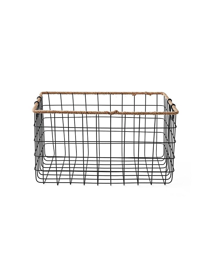 Baum Rectangular Grid Black Wire Baskets with Jute Rim and Fold Down ...