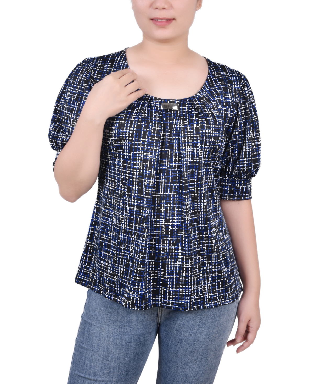 Click here for Petite Printed Balloon Sleeve Top - Royal White Ab... prices