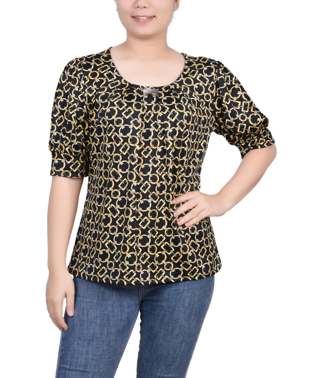 Click here for Petite Printed Balloon Sleeve Top - Black Gold Cha... prices
