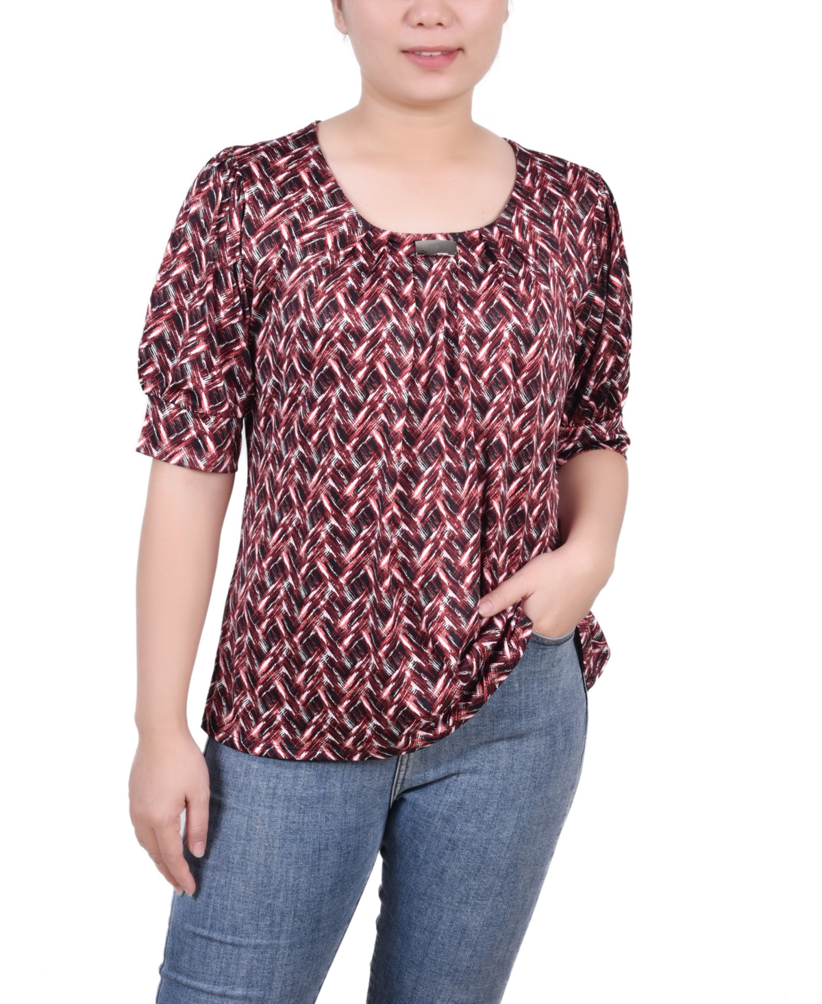 Click here for Petite Printed Balloon Sleeve Top - Black Wine Zig... prices