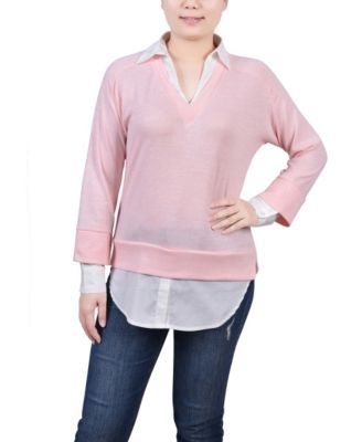 NY Collection Petite Long Sleeve Two-Fer Top - Macy's