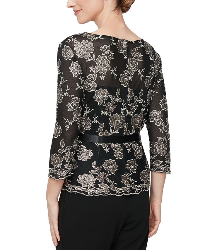 Alex Evenings Petite Embroidered Belted 3/4-Sleeve Blouse - Macy's
