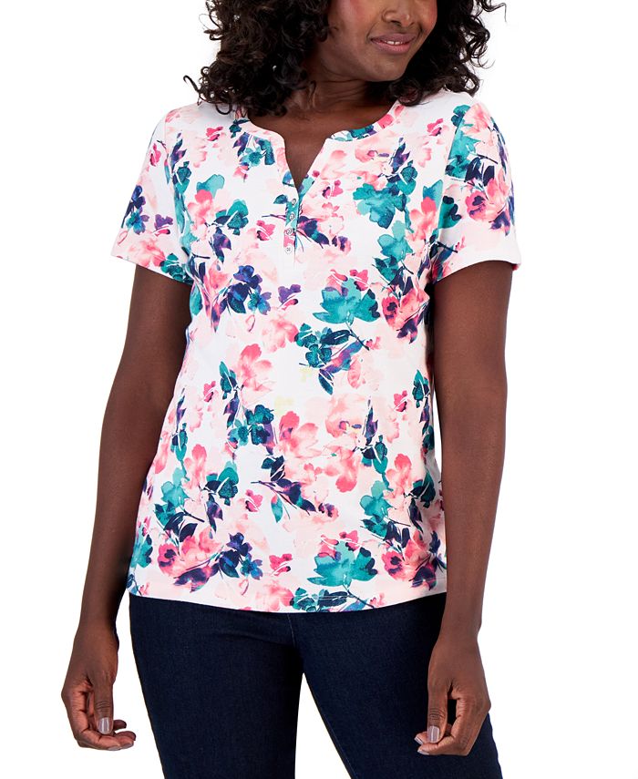 Karen Scott Women's Layered Floral Printed Henley Top, Created for Macy ...
