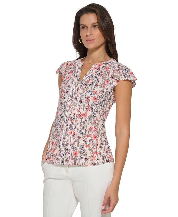 Tommy Hilfiger Women's Split-Neck Floral Ruffle Top - Macy's