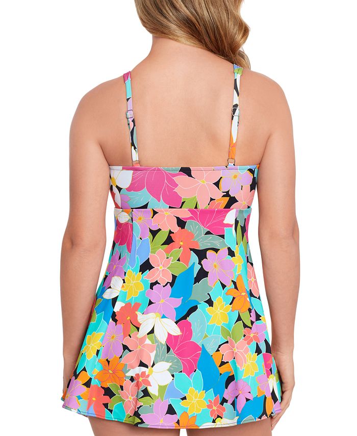 Swim Solutions Womens Printed Tummy Control Bow Front Swimdress