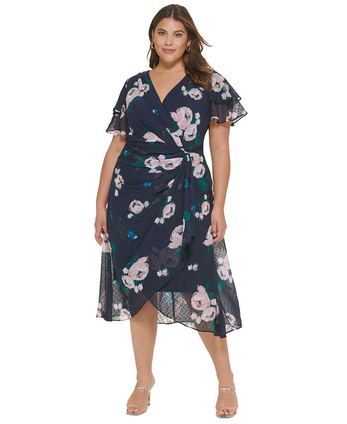 Dkny Plus Size Double Ruffle Floral Print Faux Wrap Dress Macys