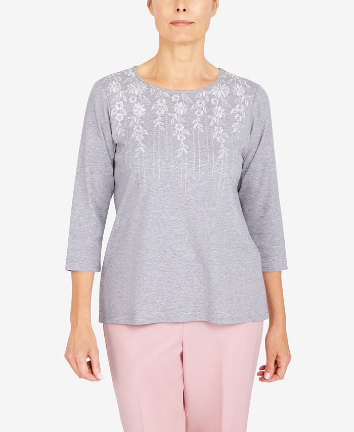 Alfred Dunner Women's Soft Spoken Diamond Floral Neckline Top - Macy's