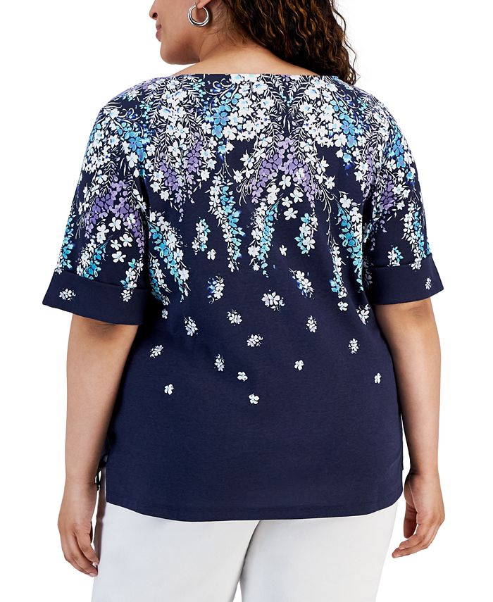 Karen Scott Plus Size Snapdragon Boatneck Top, Created for Macy's - Macy's