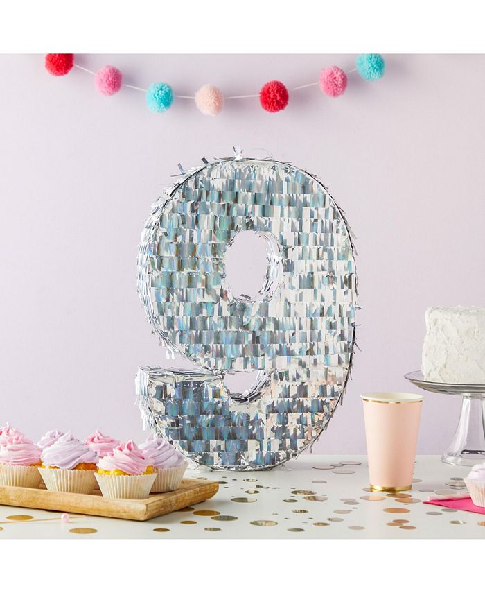 Blue Panda Small Silver Holographic Number 9 Pinata for Birthday Party ...