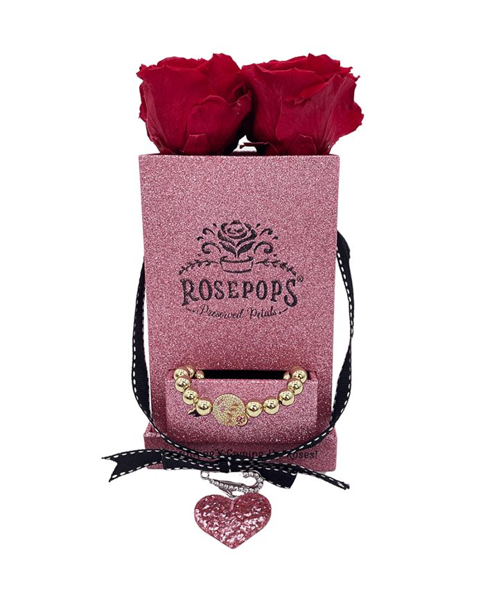 Rosepops Pink Glitter Square Box with Drawer and 4 Red Real Preserved ...