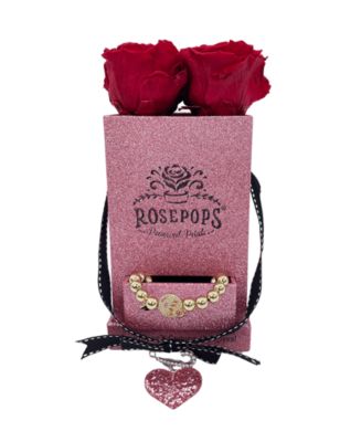Rosepops Pink Glitter Square Box with Drawer and 4 Red Real Preserved ...