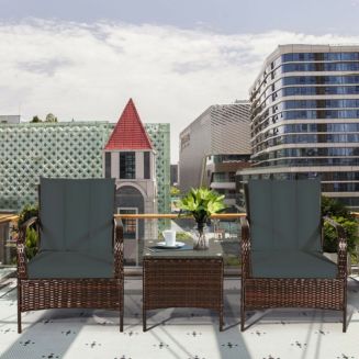 Costway 3 PCS Patio Rattan Furniture Set Coffee Table & 2 Rattan Chair ...