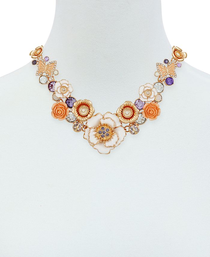 GUESS Gold-Tone Mixed Color Stone Flower Statement Necklace, 16" + 2 ...