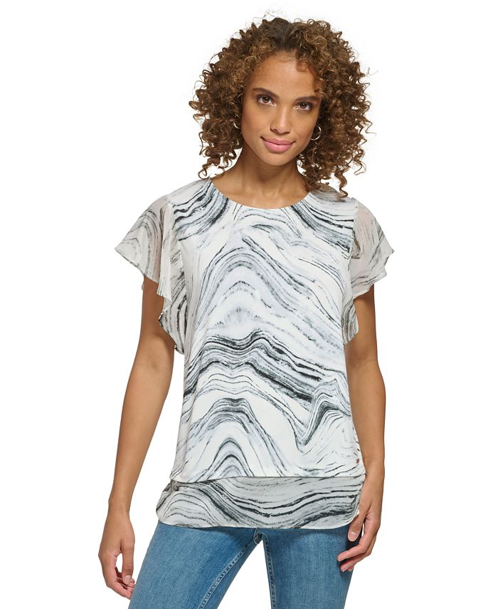 Calvin Klein Printed Flutter Sleeve Top - Macy's