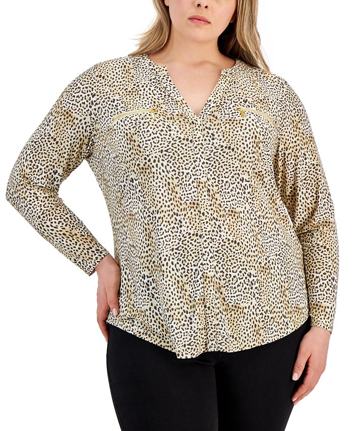 I.N.C. International Concepts Plus Size Animal-Print Zipper-Pocket Top ...