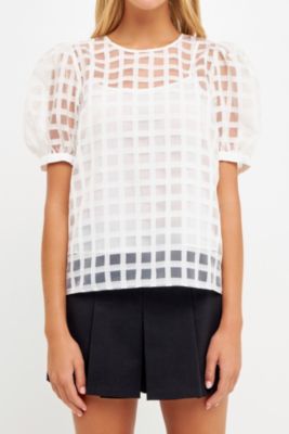 English Factory Women's Plaid Sheer Puff Sleeve Top - Macy's