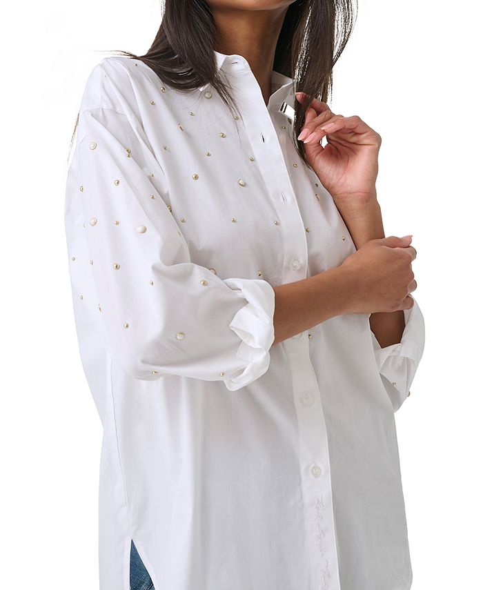 KARL LAGERFELD PARIS Women's Embellished Button-Down Poplin Blouse - Macy's