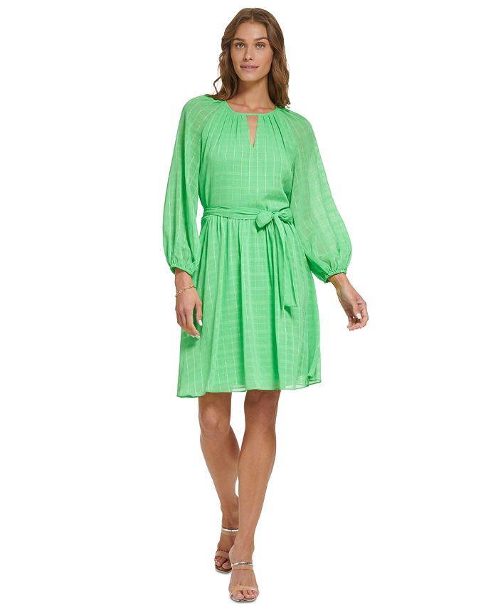 DKNY Women's Keyhole-Neck Balloon-Sleeve Belted Dress - Macy's
