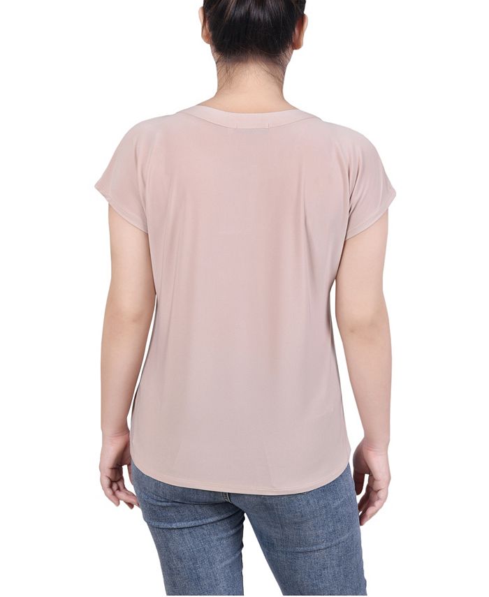 NY Collection Petite Grommet Neck Knit Short Extended Sleeve Top - Macy's