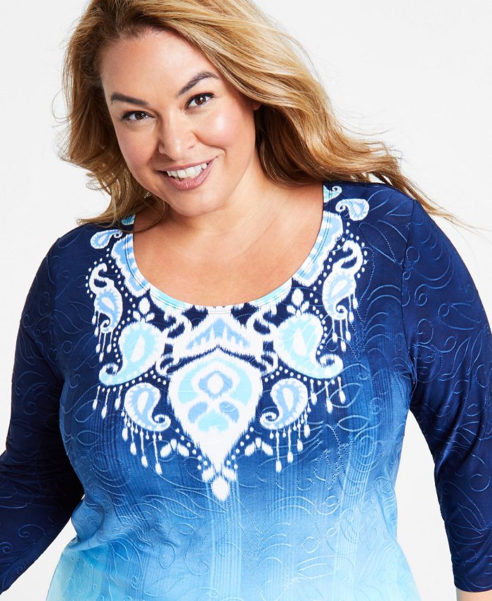 Jm Collection Plus Size Jacquard Printed 34 Sleeve Top Created For Macys Macys