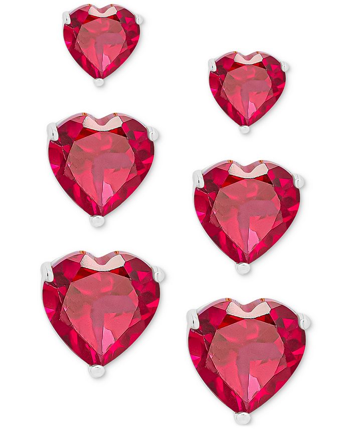 Macy's 3-Pc. Set Lab-Grown Red Spinel Graduated Heart Stud Earrings (1 ...