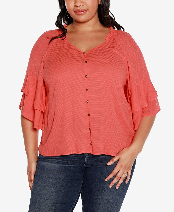 Belldini Black Label Plus Size Ruffle Sleeve Button Front Top - Macy's