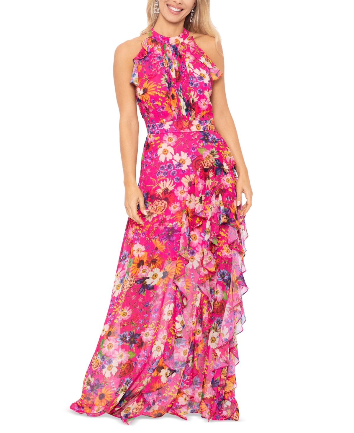 Betsy & Adam Women's Floral-print Ruffled Halter Gown In Hot Pink ...