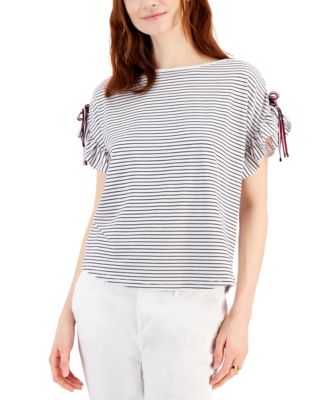 Tommy Hilfiger Women's Striped Ruffled-Sleeve Top - Macy's