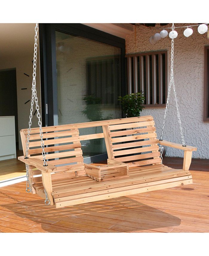 Outsunny 3-Seater Wooden Porch Swing, Patio Swing Bench with Folding ...