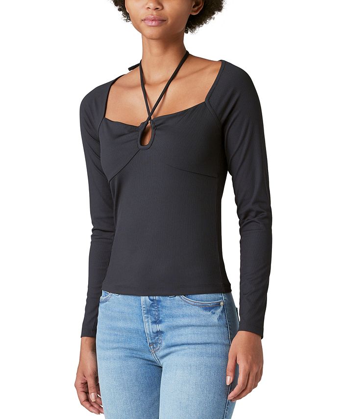 Lucky Brand Women's Ribbed Keyhole-Cutout Long-Sleeve Top - Macy's