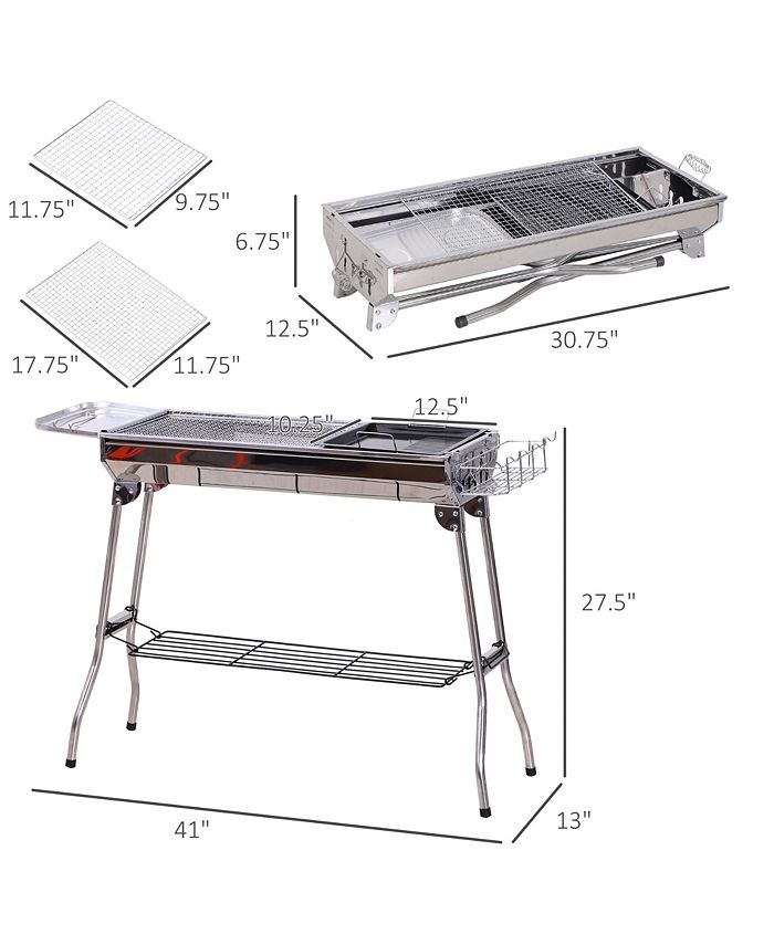 Outsunny Portable Folding Charcoal BBQ Grill Stainless Steel Camp Picnic Cooker with a Large Non ...