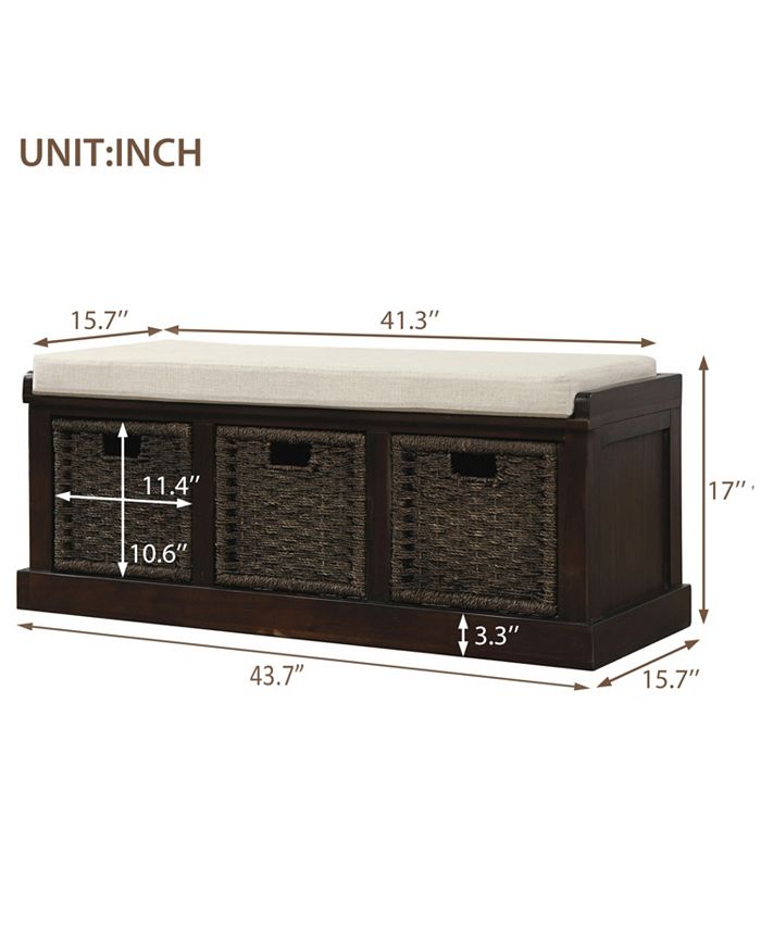 Simplie Fun Rustic Storage Bench With 3 Removable Classic Rattan Basket ...