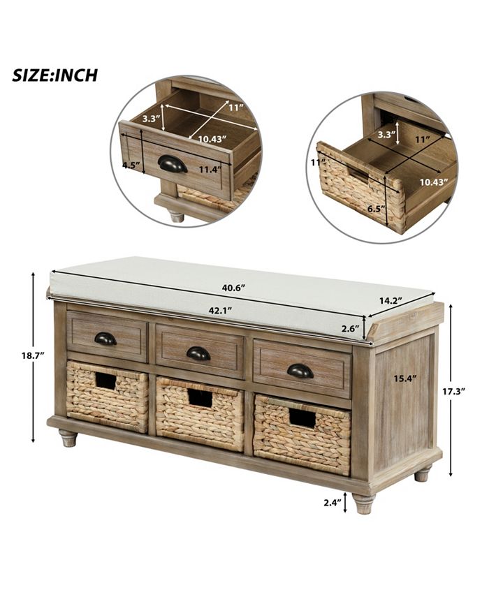 Simplie Fun Rustic Storage Bench With 3 Drawers And 3 Rattan Baskets ...