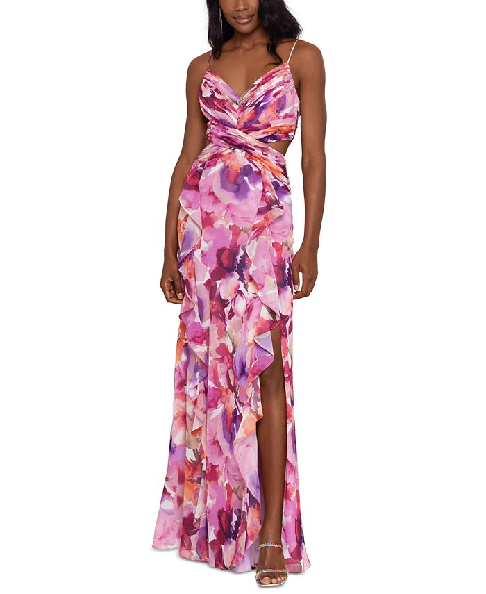 XSCAPE Petite Floral-Print Cut-Out Ruffle-Trim Gown - Macy's