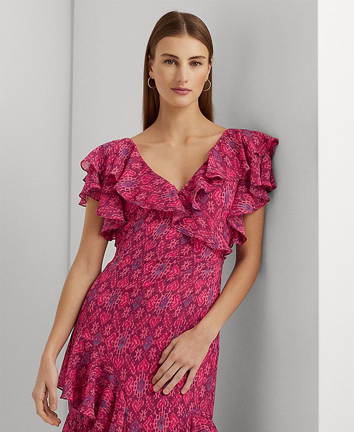 Lauren Ralph Lauren Women's Geo-Print Ruffle-Trim Georgette Gown - Macy's