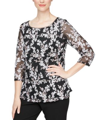 Alex Evenings Embroidered Sequin 3/4-Sleeve Top - Macy's