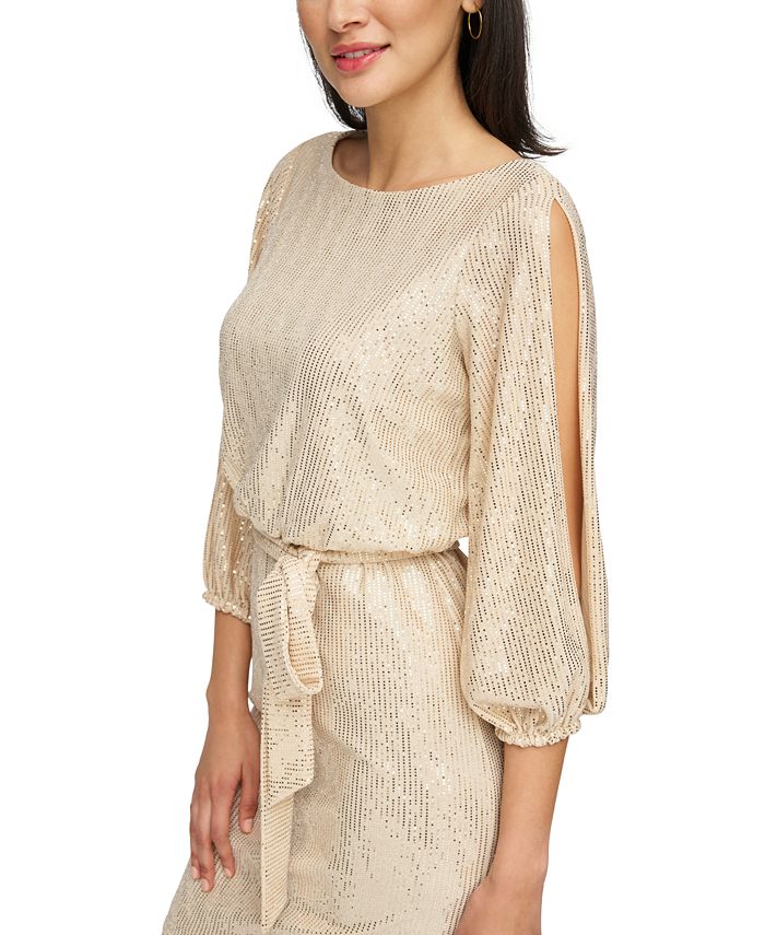 Jessica Howard Petite Boat-Neck Elbow-Length Sleeve Sequin Dress - Macy's