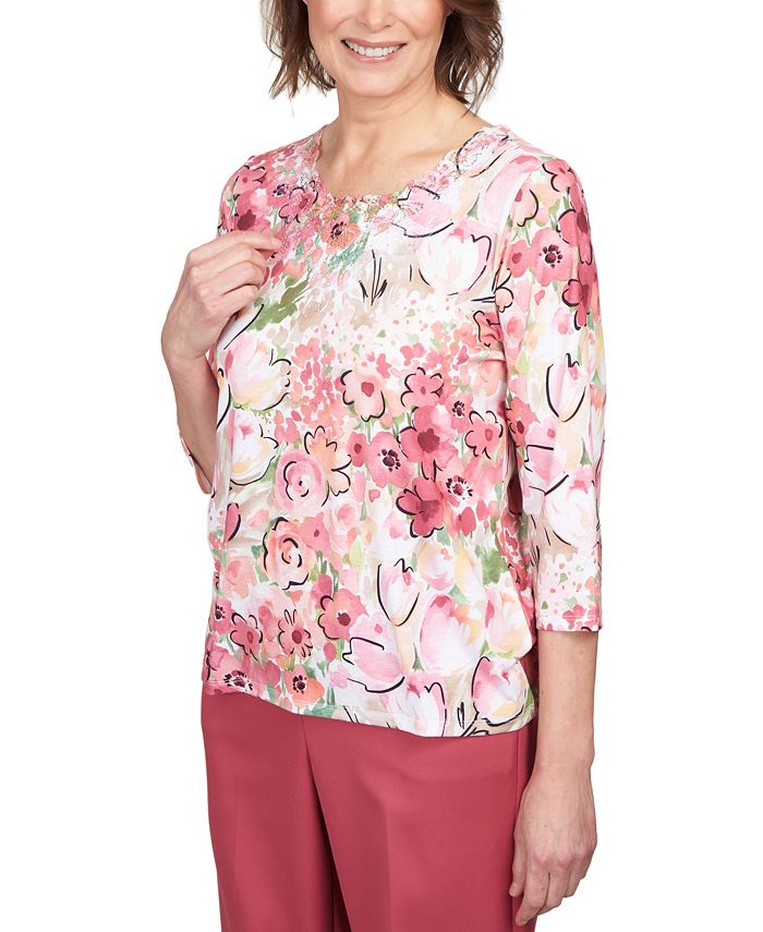 Alfred Dunner Women's Scenic Drive Rosewood Floral Lace Neck Top - Macy's
