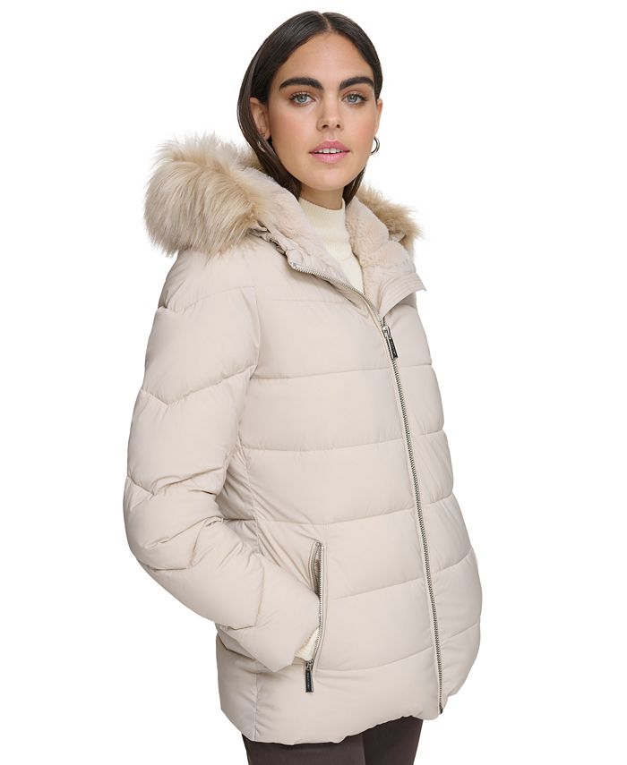 Calvin Klein Women's Stretch Faux-Fur-Trim Hooded Puffer Coat - Macy's