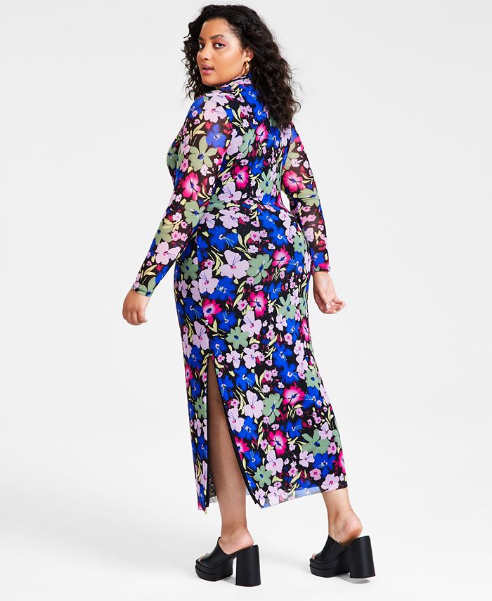 Bar Iii Plus Size Printed Mock Neck Long Sleeve Bodycon Dress Created