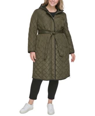 DKNY Women's Plus Size Hooded Belted Quilted Coat - Macy's