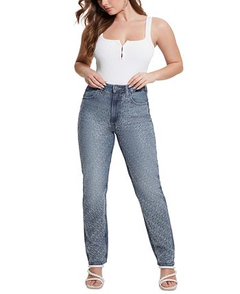 GUESS Women's High-Rise Rhinestone Mom Jeans - Macy's