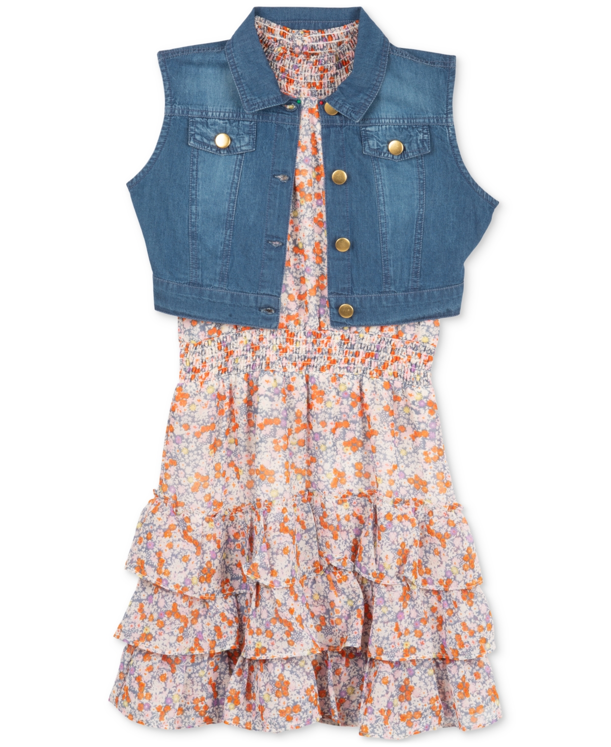 Rare Editions Big Girls Floral Chiffon Tiered Dress & Denim Vest In ...
